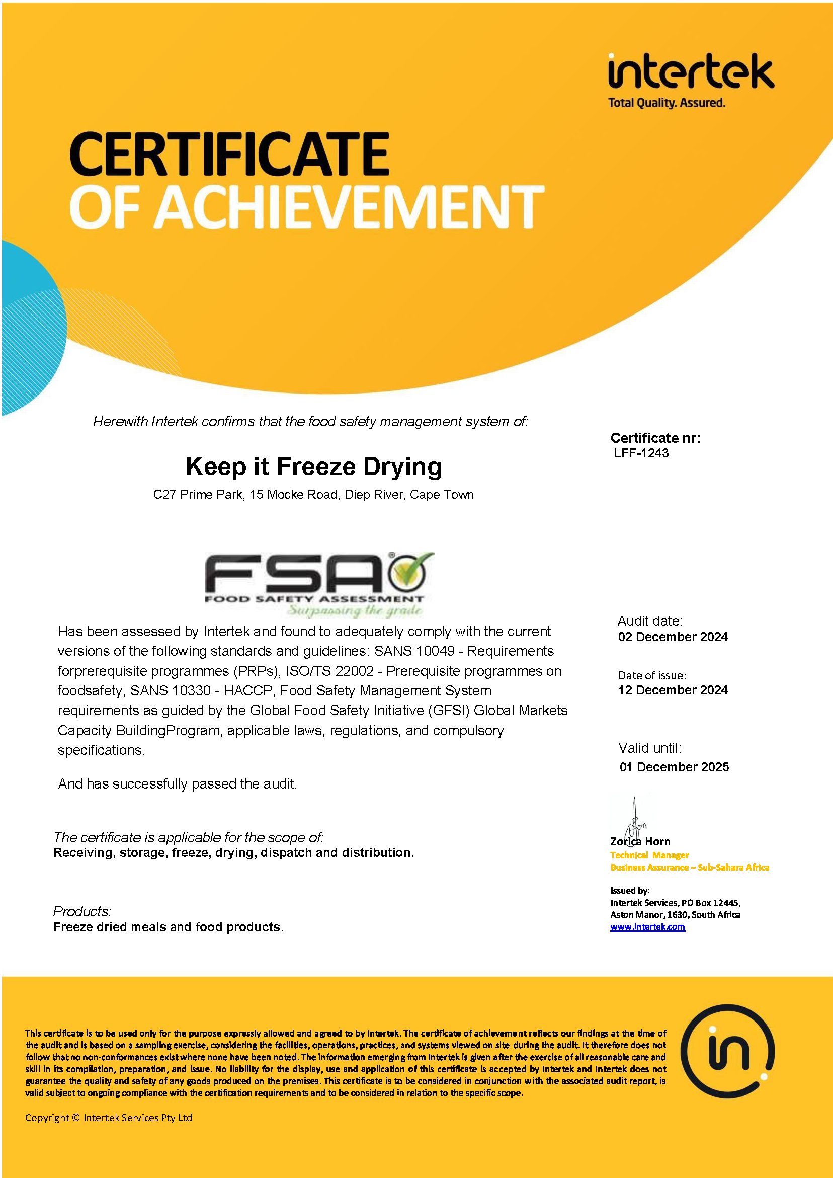Certificates – Keep It Freeze Drying