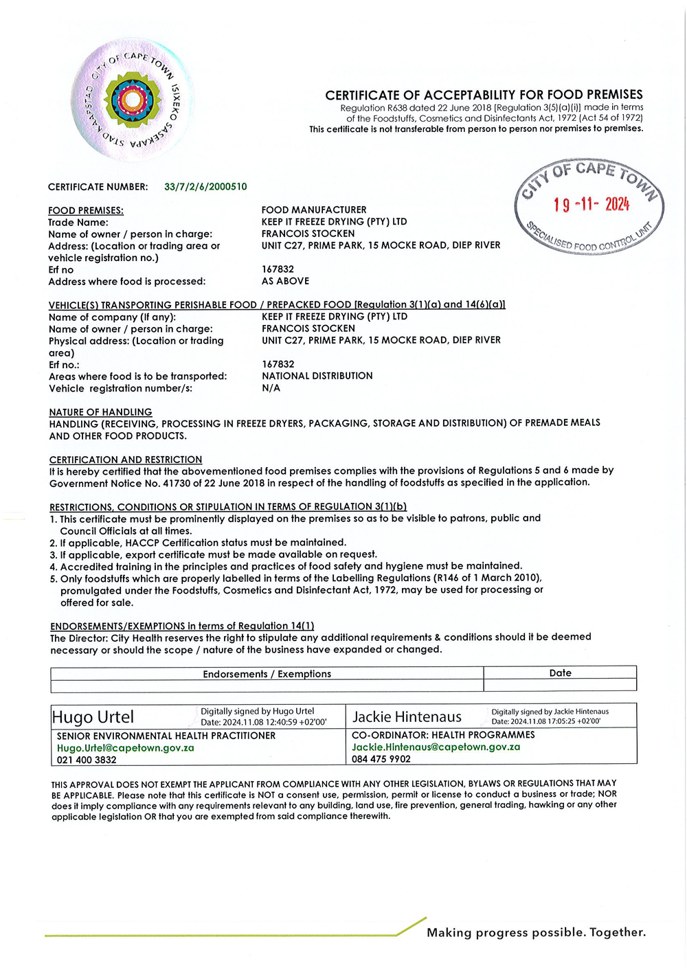Certificates – Keep It Freeze Drying