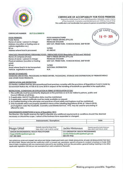 Certificates – Keep It Freeze Drying
